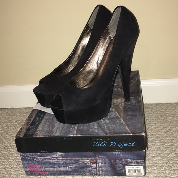 Shoes | Black Suede Platform Peep Toe Bumps | Poshmark